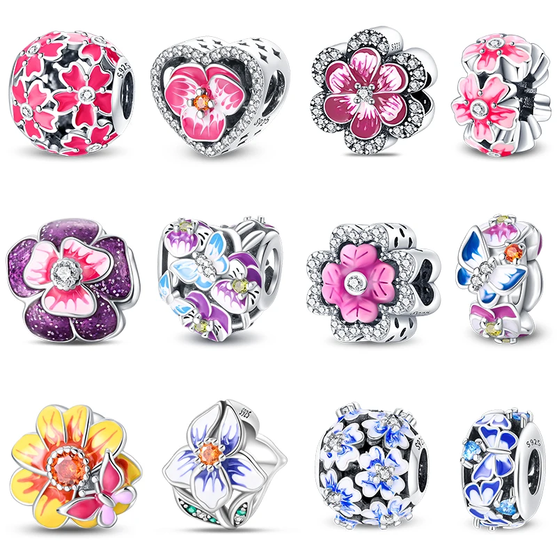 Primavera-925-Cor-Prata-Sakura-Borboleta-Flores-Encantos-Beads-Fits ...