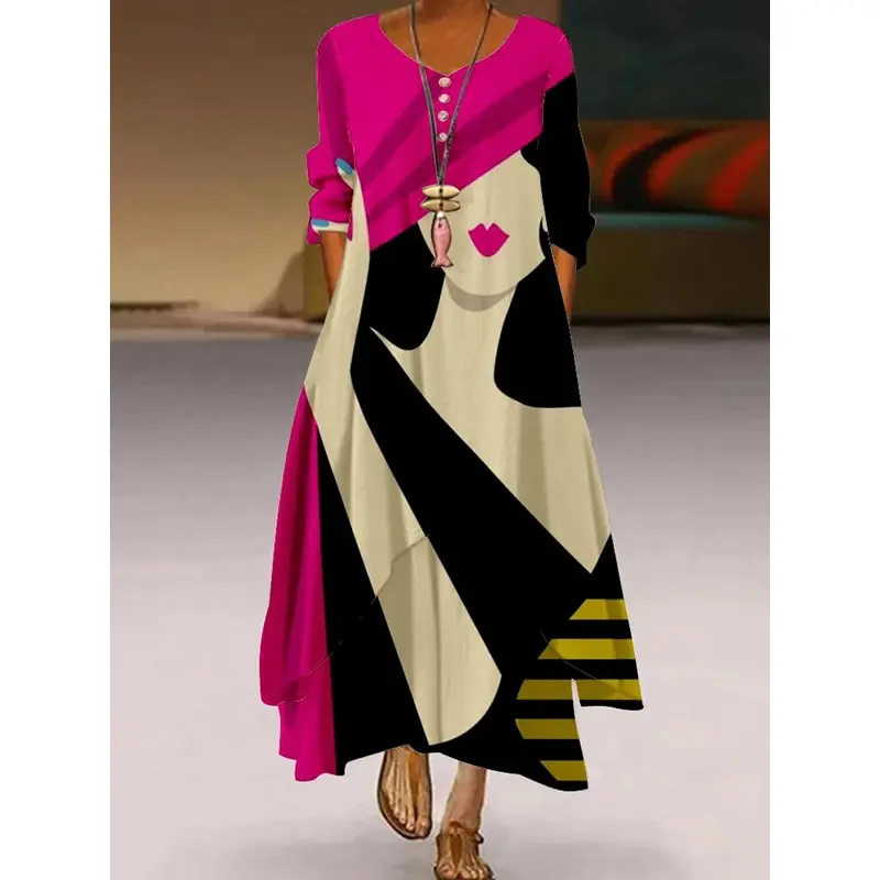 Summer-Human-Face-Print-Sundress-Two-Tier-Ladies-Dress-Long-Sleeve ...