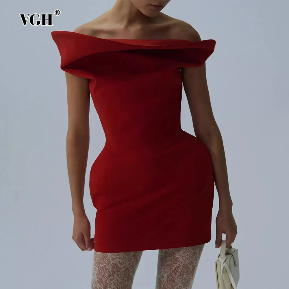 VGH Sexy Solid Bodycon Mini Dress for Women Slash Neck Off Shoulder ...