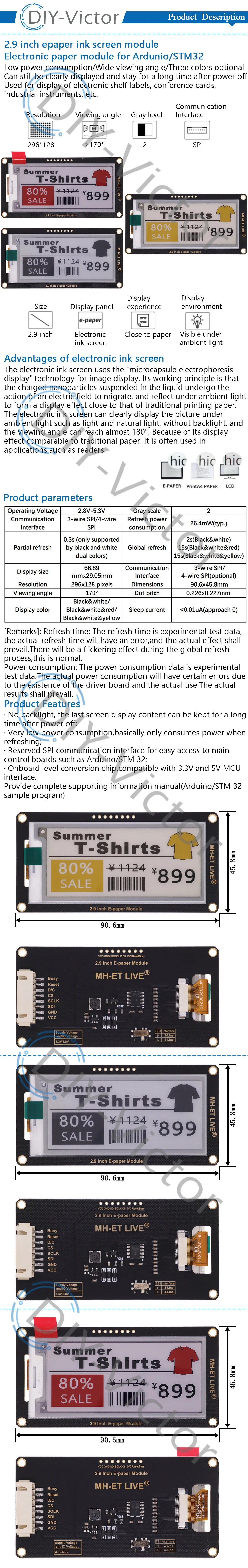 Tela E Módulo De E-ink Eink De 2.9 Polegadas. Suporte Para Arduino Uno Stm32 Raspberry Pi Esp32 ...