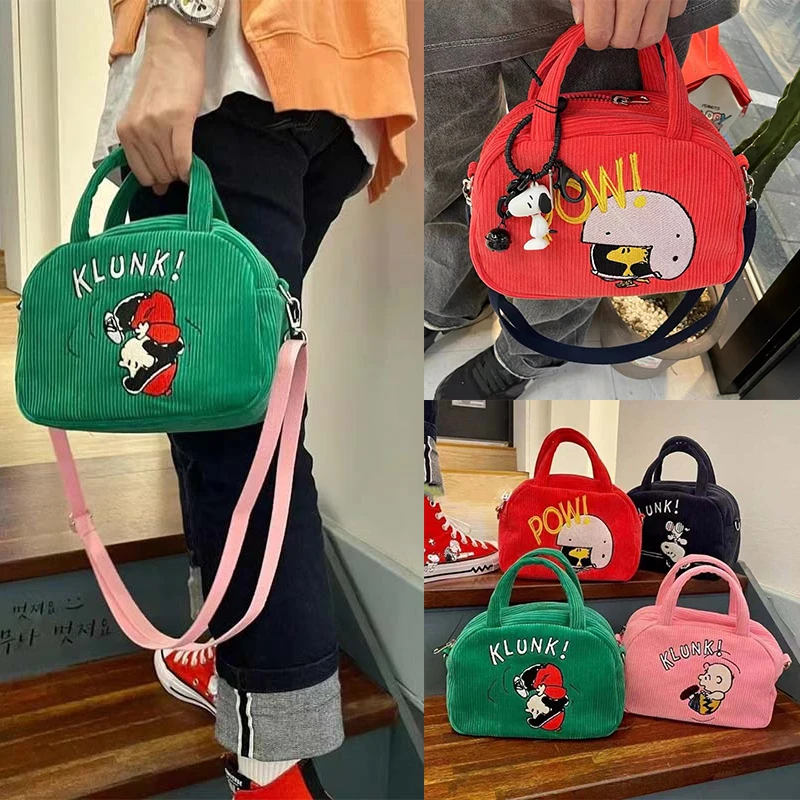 스누피 찰리 브라운 코듀로이 숄더백 패션 만화 스퀘어 크로스바디 백 학생 캐주얼 쇼핑 핸드백 자수 소녀
