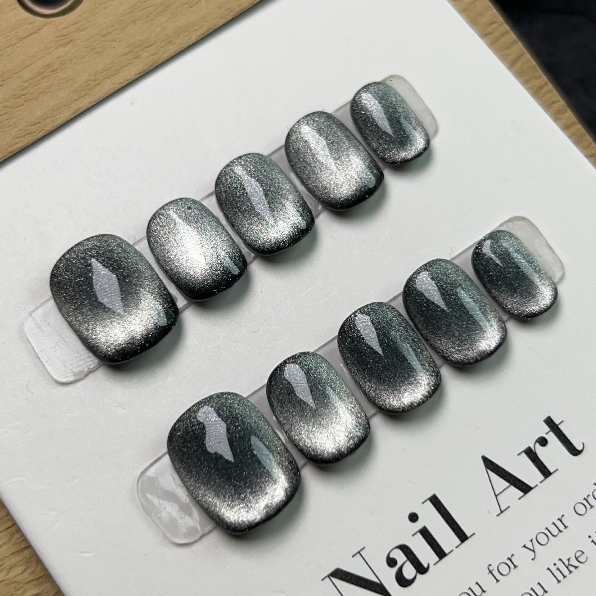 Handmade-Cat-eye-Press-on-Nails-Short-False-Nails-Full-Cover-Stick-on ...