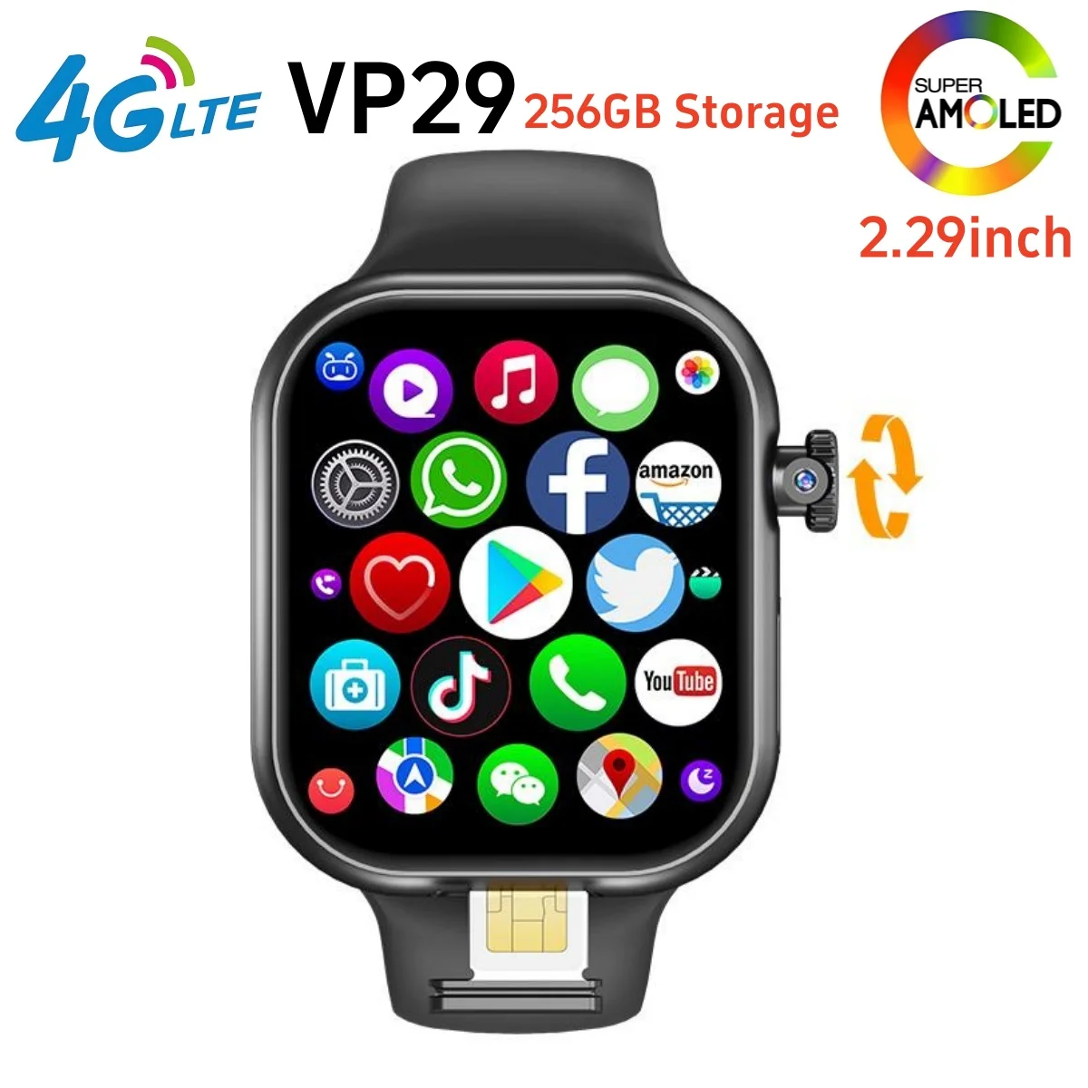 VP29 Smartwatch 4G Android 256GB Storage 4G/5G LTE Sim Card GPS WIFI 2. ...