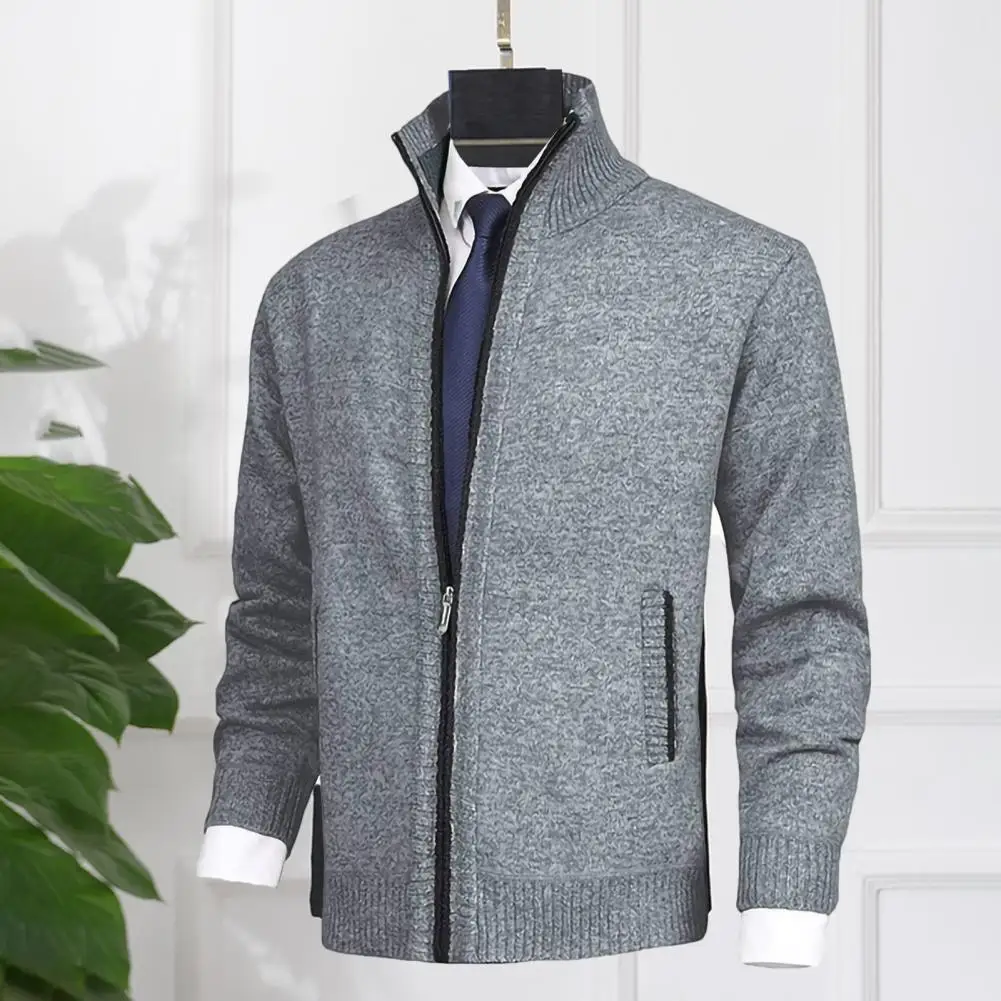 Autumn-Winter-Men-Sweater-Coat-Zipper-Solid-Color-Stand-Collar-Long ...