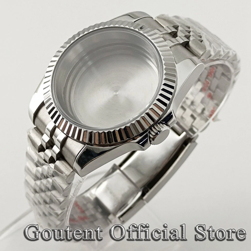 Goutent-39mm-Silver-Sapphire-Glass-Sliding-Lock-Bracelet-Watch-Case-Fit ...