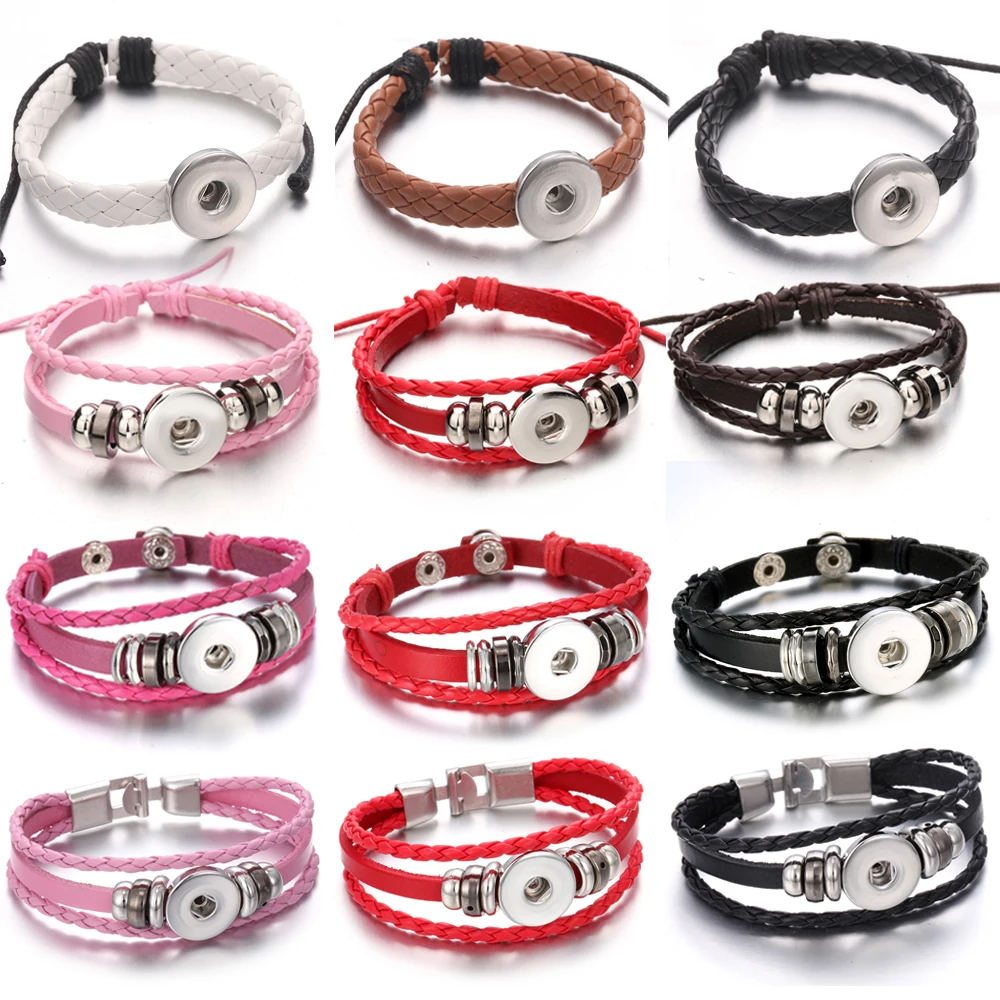 12pcs/lot Snap Button Bracelets Wholesale Handmade Braided Leather Snap ...