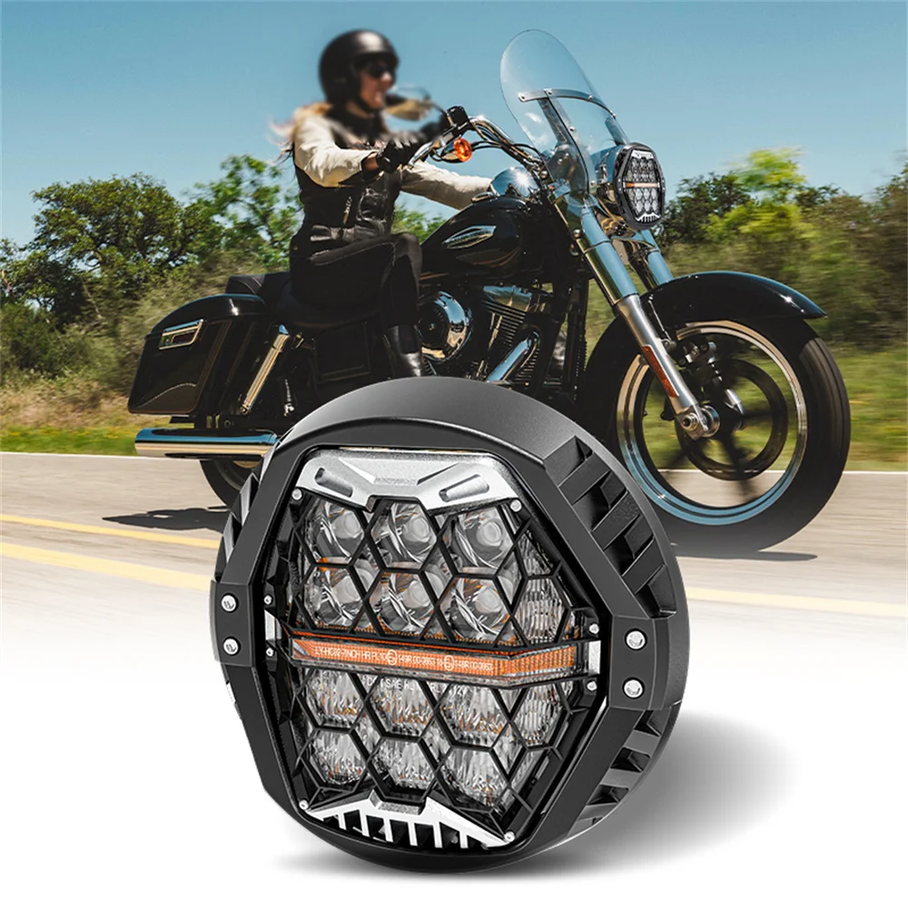 Universal Round Motorcycle LED Headlight 7Inch Yellow/White DRL ...