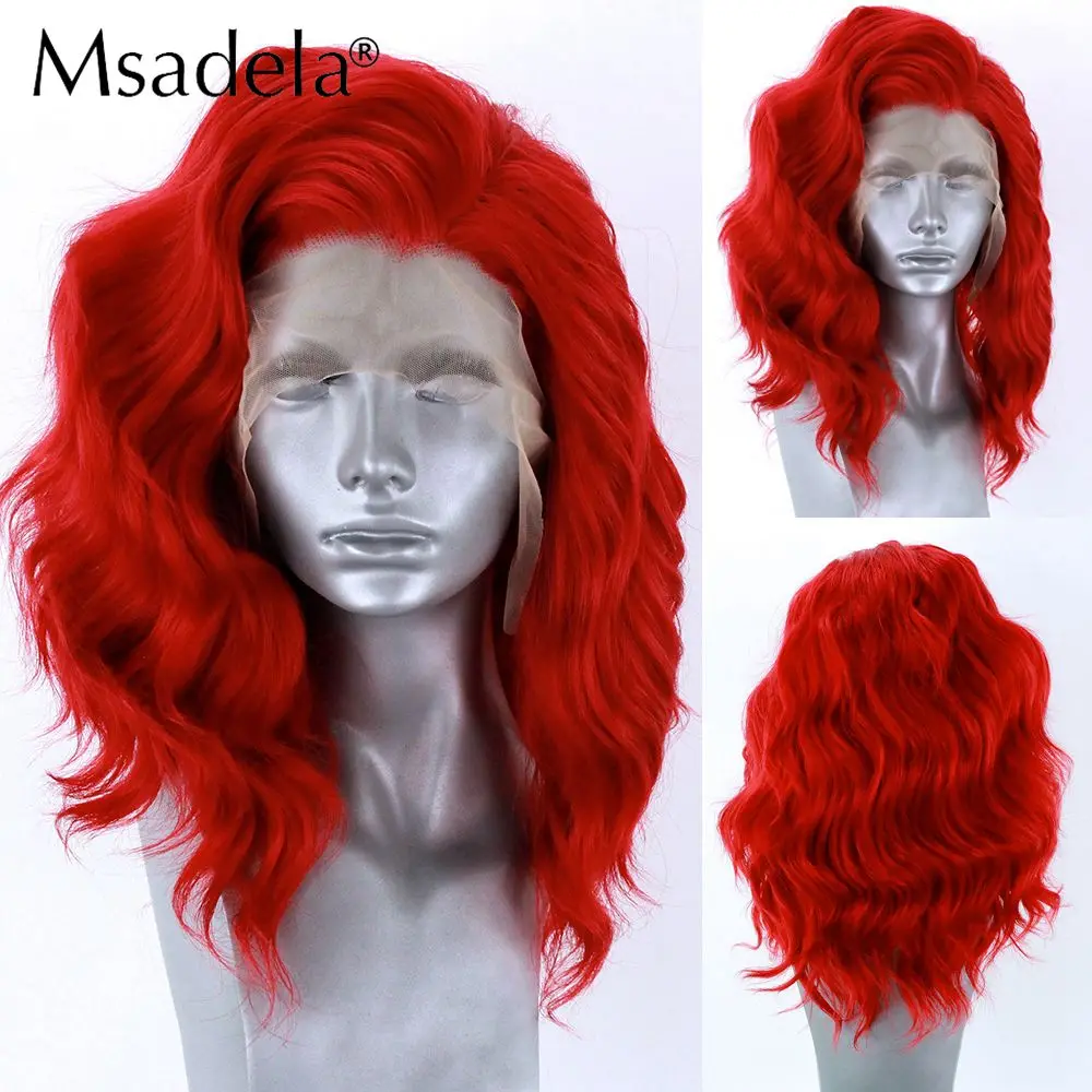 Short Loose Wave Red Blue Color Bob Synthetic 13x4 Lace Front Wig Drag ...