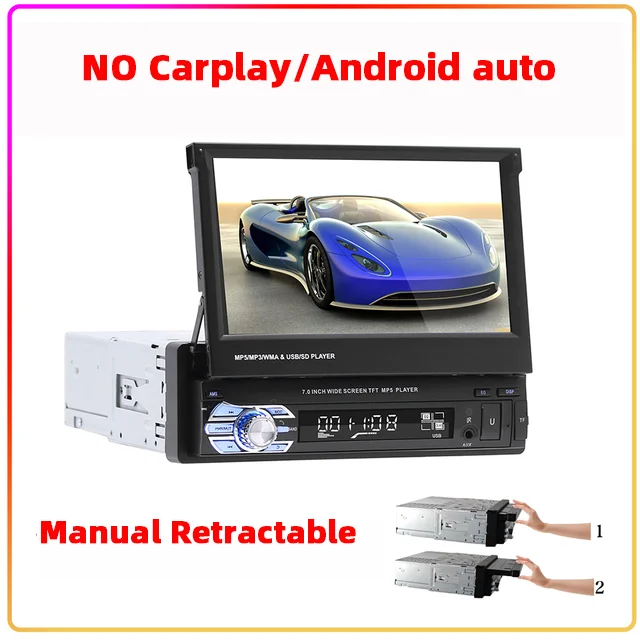 Hikity 1 Din Car Radio CarPlay Automatic Retractable Screen Car MP5 Player 7" inch Universal ...
