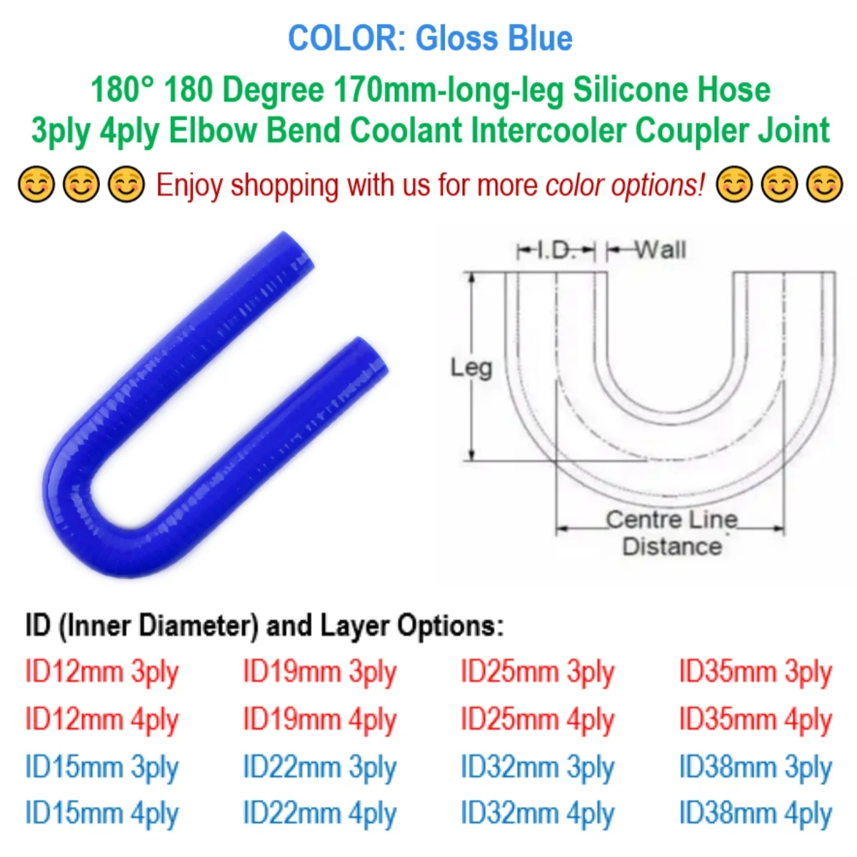 Gloss Blue 180° 180 Degree Elbow Hose Bend Pipe Coolant Intercooler ...