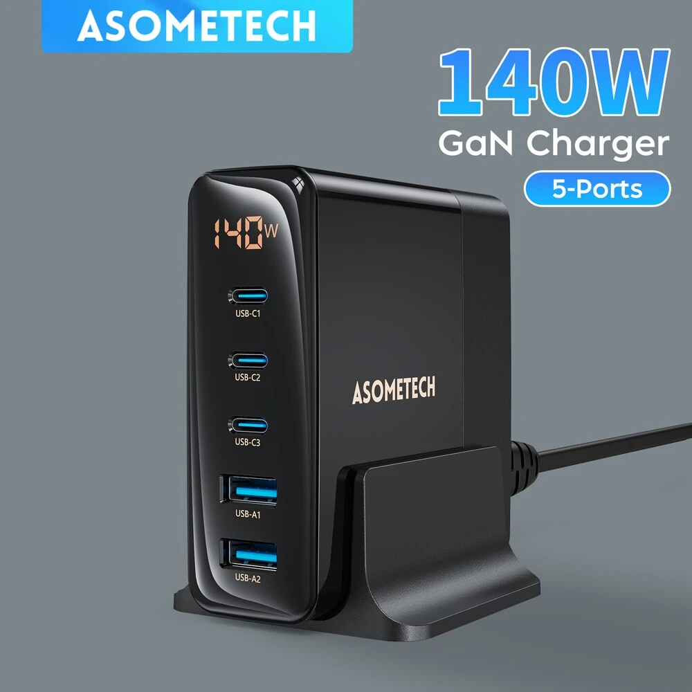 ASOMETECH 140W GaN Charger Desktop USB Charging Station 5 USB Ports PD ...