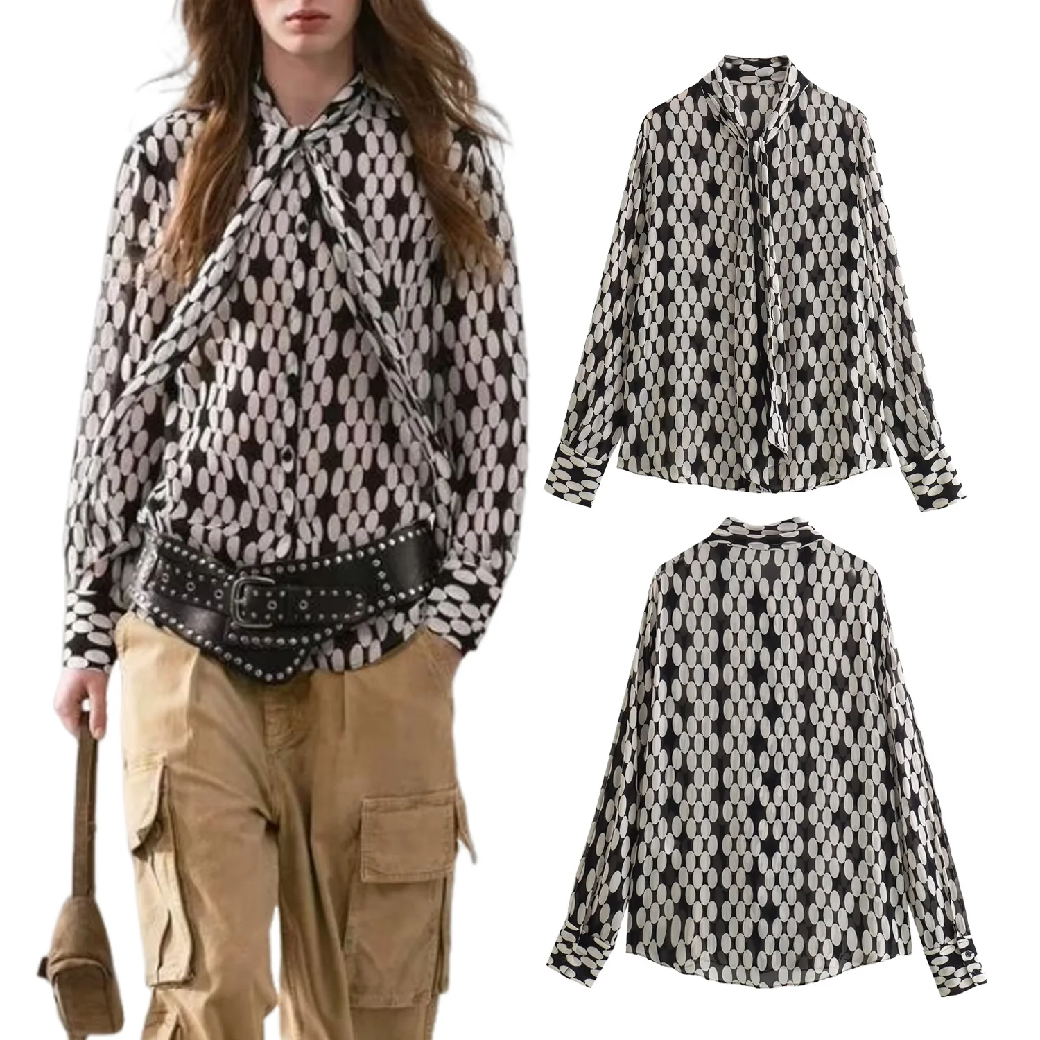 Women-s-new-chiffon-shirt-with-bow-print-standing-collar-and-tie-up ...