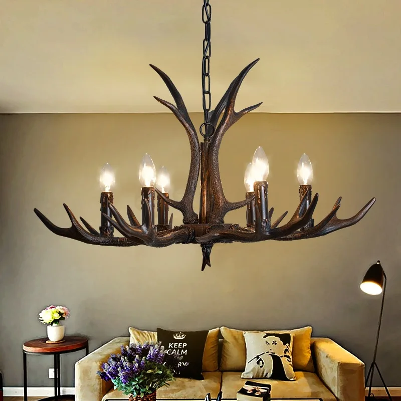 American Retro Resin Deer Horn Pendant Light for Restaurant Living Room ...