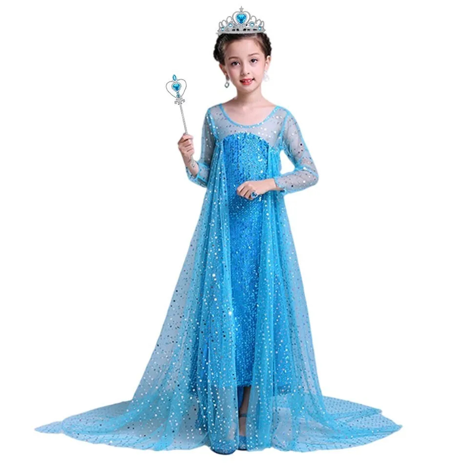 Meisje-Elsa-Jurk-Kinderen-Blauw-Lovertjes-Lange-Prinses-Kostuum ...