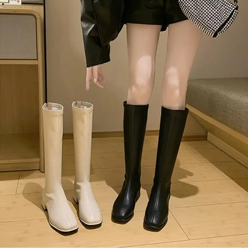 Middle-Heel-Ladies-Boots-Footwear-Lace-up-Winter-Knee-High-Shaft-Black ...