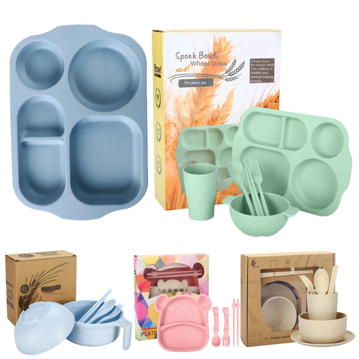 Wheat Straw Baby Tableware Set Toddler Infant Plate Bowl Spoon Fork ...