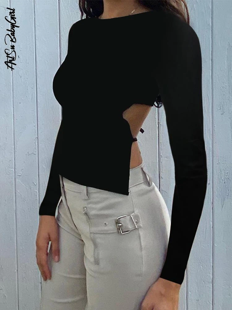 Top Women Y2k Lace Up Backless Tank Top Solid Knitted T-shirts Tops ...