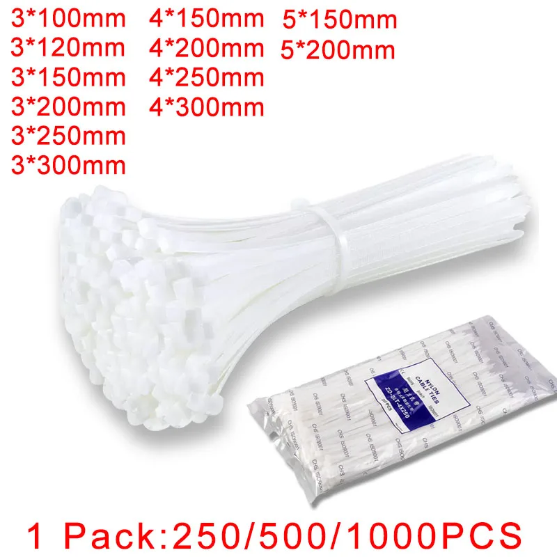 250-500-1000Pcs-White-Self-locking-Plastic-Nylon-cable-Zip-Ties-3-100-3 ...