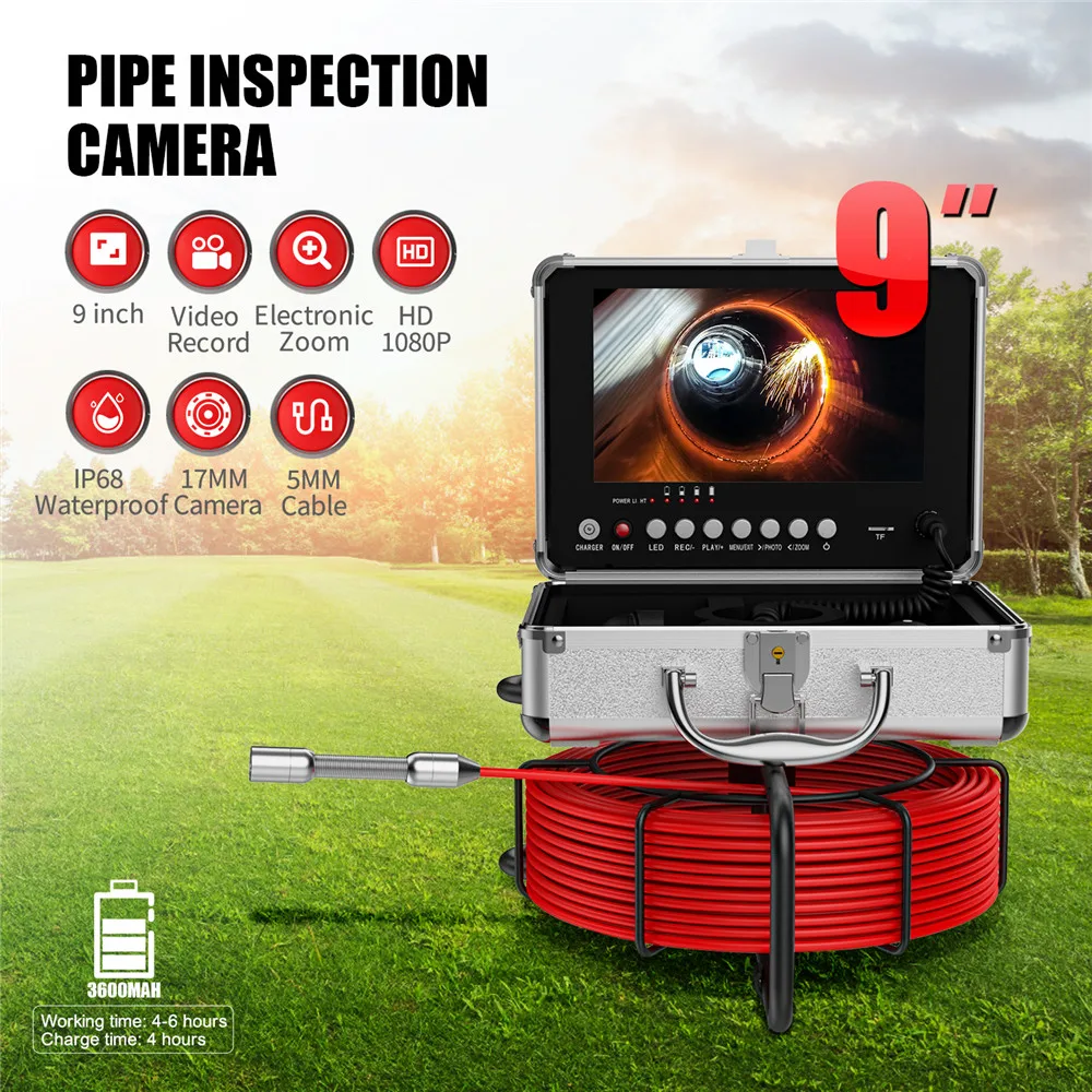 DVR Recording Function 9" Monitor Sewer Pipe Inspection Camera IP68 ...