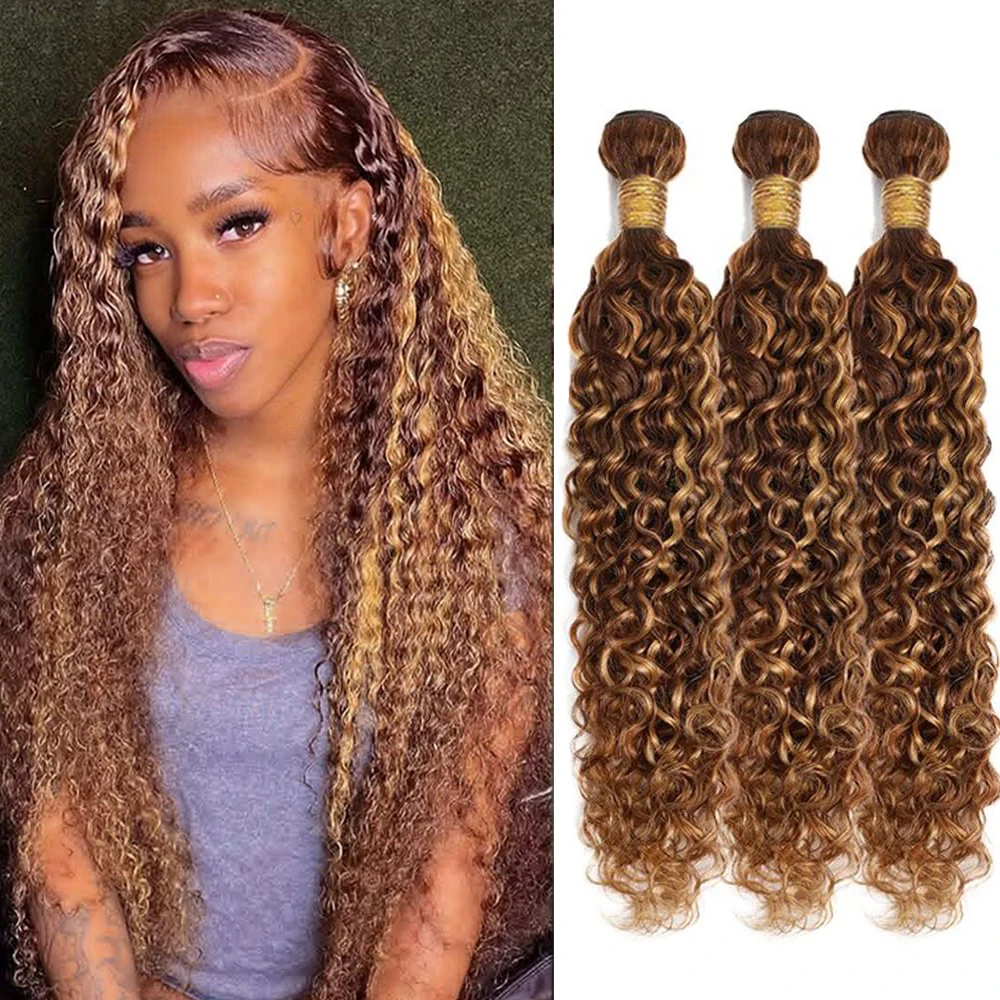 P4/27 Deep Wave Hair Weave Highlight Dark Brown and Honey Blonde Human ...