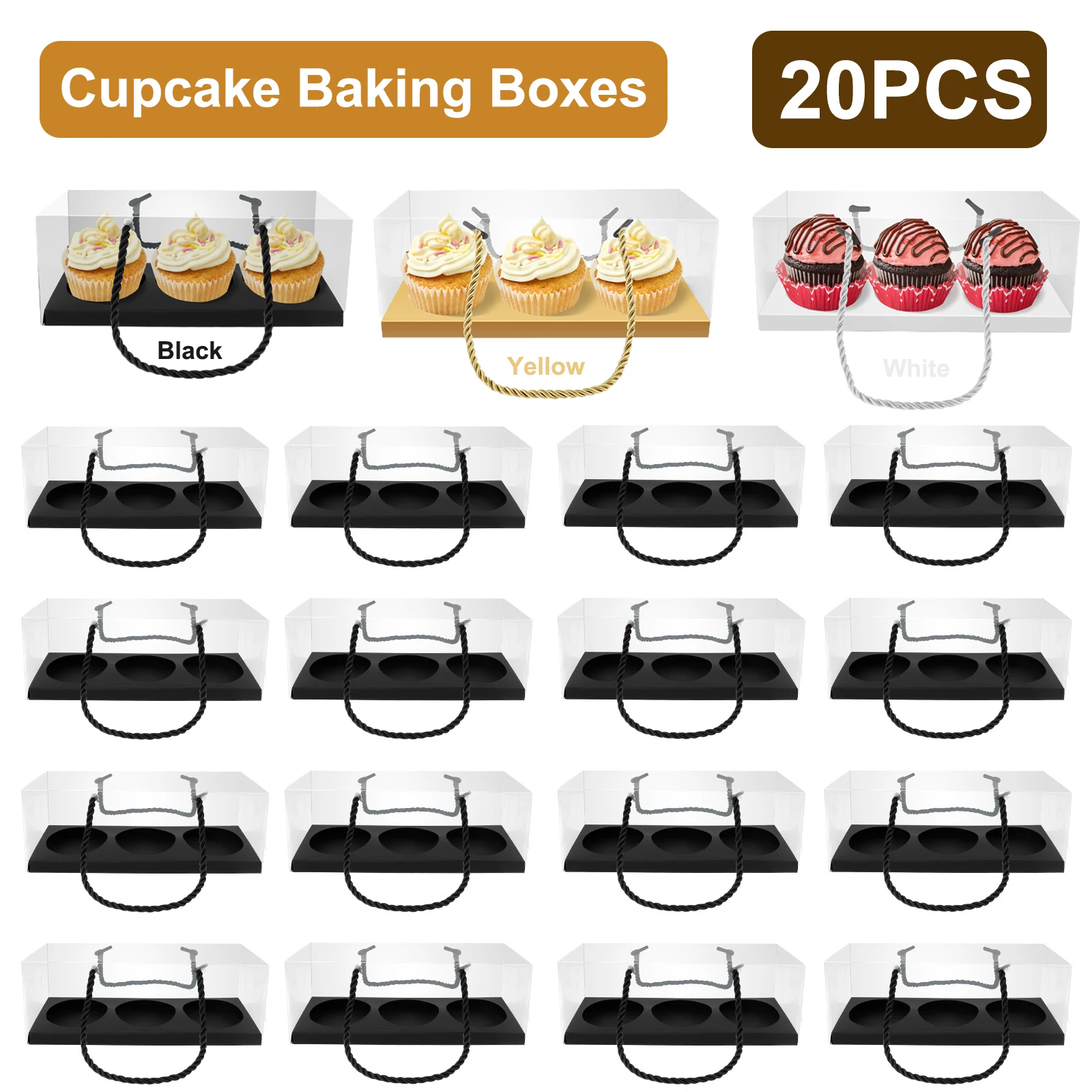 20Pcs Transparent Cupcake Baking Box with Handle Individual 3-Hole ...