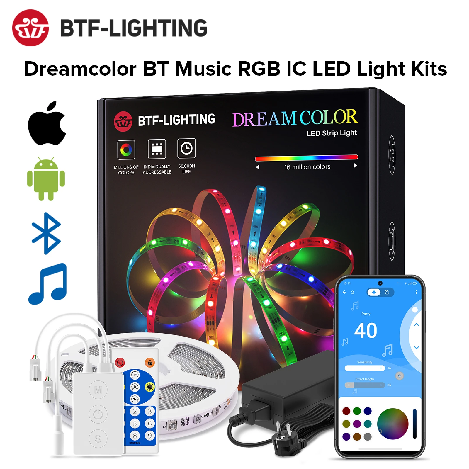 Dreamcolor Led Light Strip Bluetooth Music App Control Ws2811 Ws2812b ...