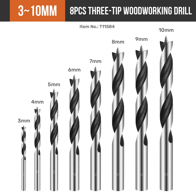 New-1-8pcs-Wood-drill-set-HSS-Three-tip-Drill-Bits-Kit-Hexagonal-Handle ...
