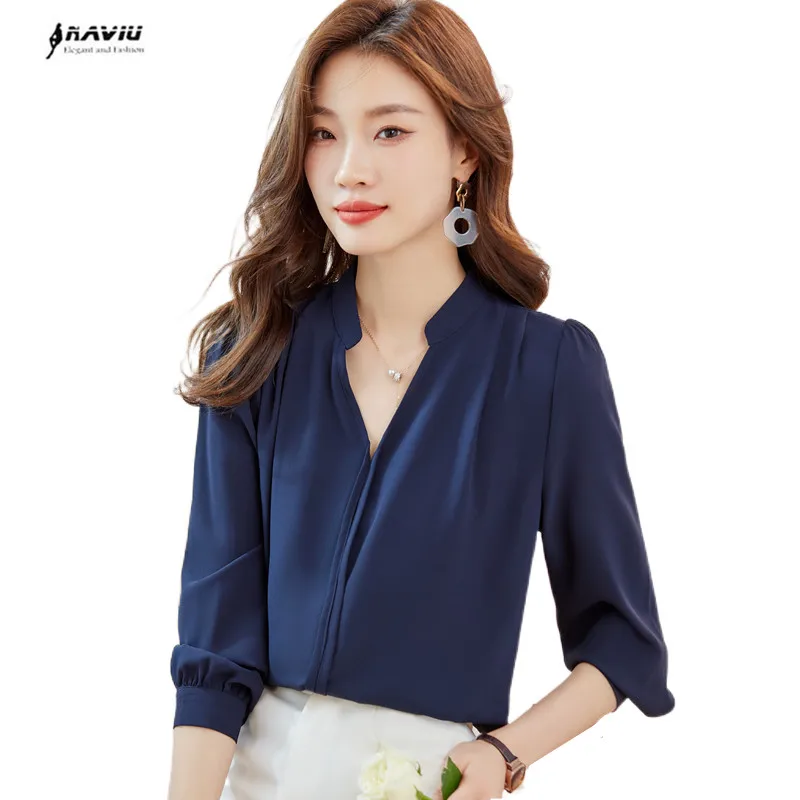 NAVIU Navy Blue Shirt Women New Autumn High End Temperament V Neck ...