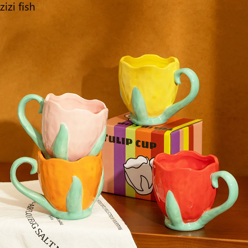Hand-painted Tulip Ceramic Mug Flower-shaped Coffee Cups Breakfast Cups ...