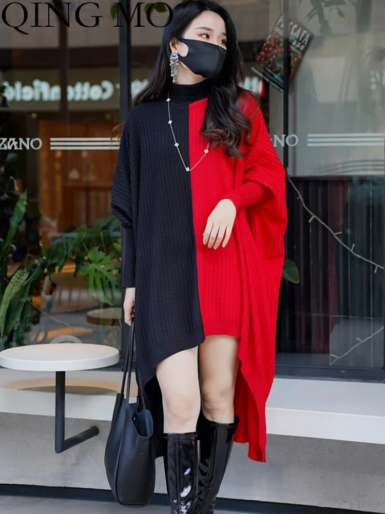 QING-MO-2024-Autumn-New-Black-Patchwork-Red-Women-Sweater-Dresses-Turtleneck-Batwing-Long ...