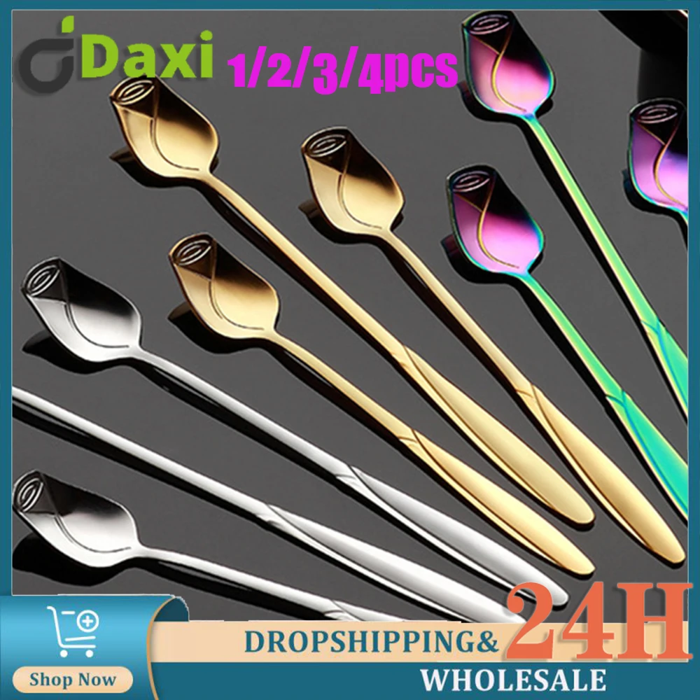 Long Handle Stainless Steel Coffee Spoons Rose Stirring Spoon Teas ...
