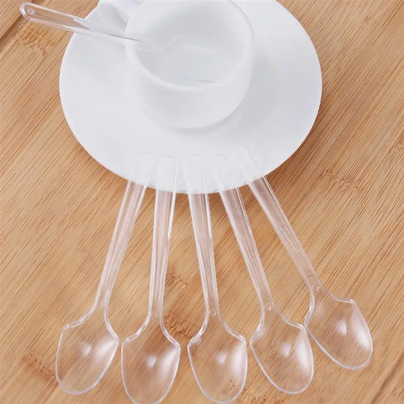 100pcs 미니 투명 플라스틱 숟가락 젤리 아이스크림 디저트 전채 생일 파티 식기에 대 한 일회용 Flatware 숟가락