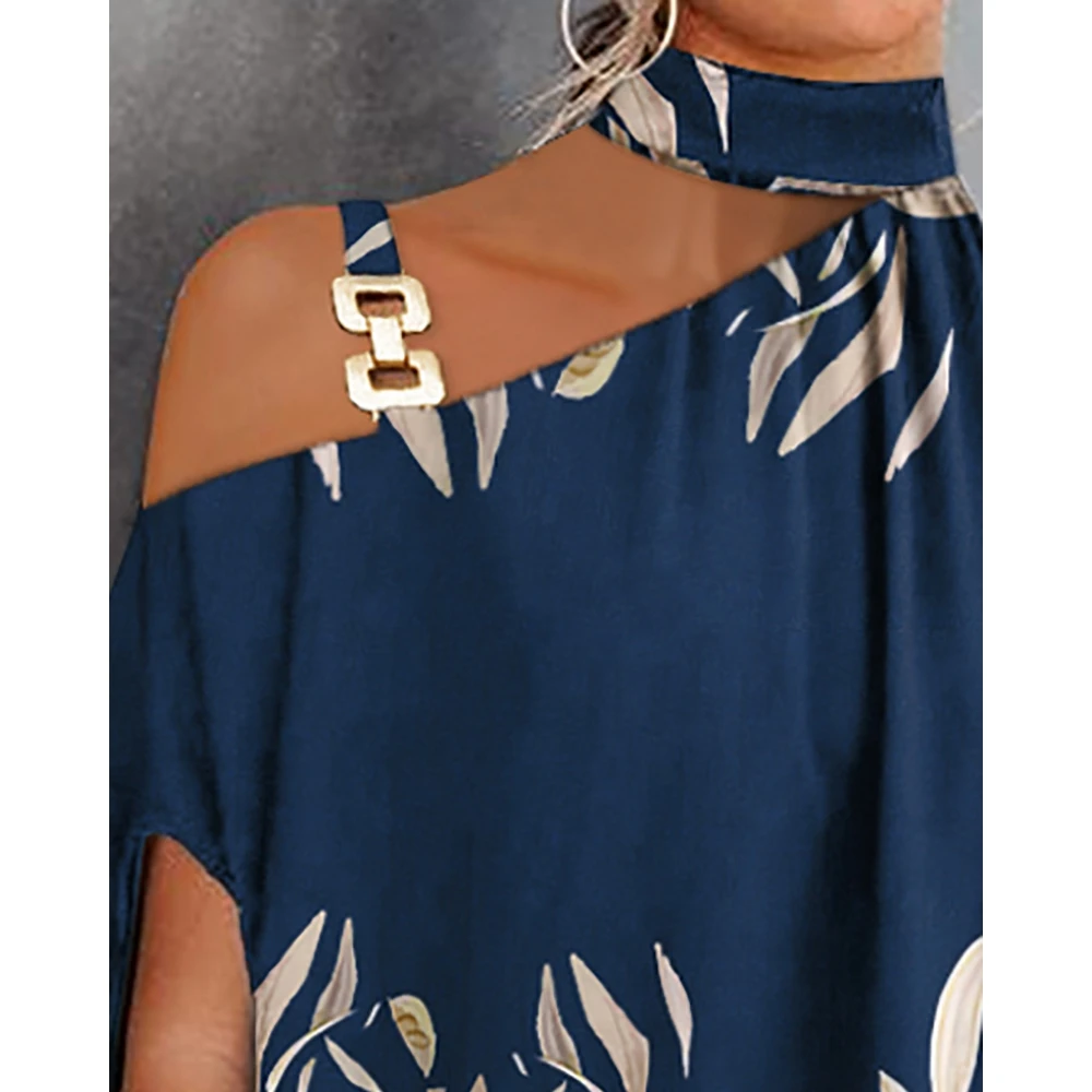 Women Print Chain Strap Half Sleeve Fashion Batwing Sleeve Blouse