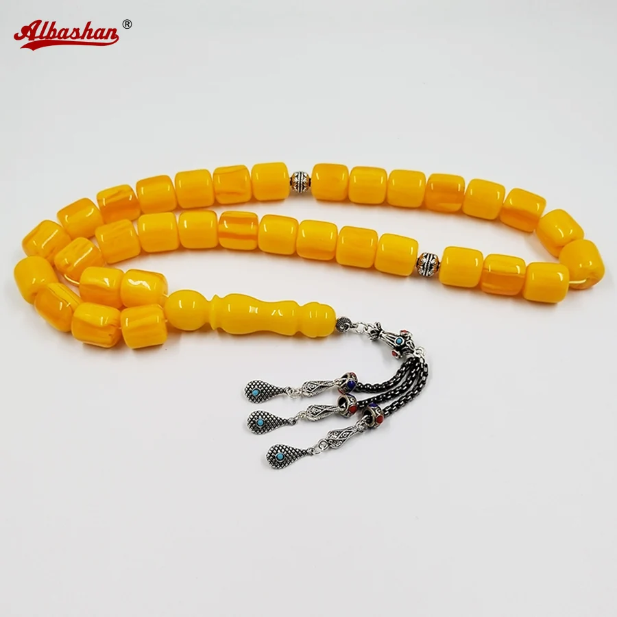 Turkish design Tasbih 33 yellow resin beads Tibetan silver tassels