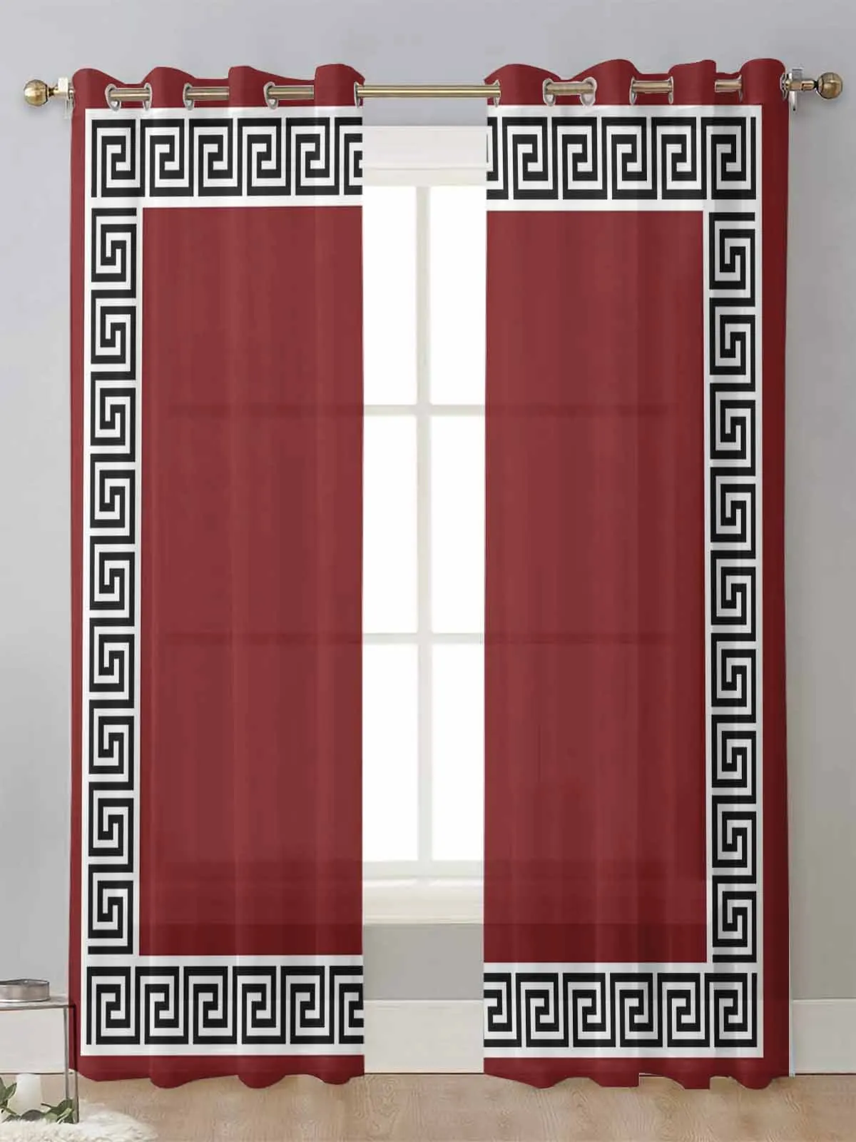 Red Geometric Greek Pattern Sheer Curtains For Living Room Window ...