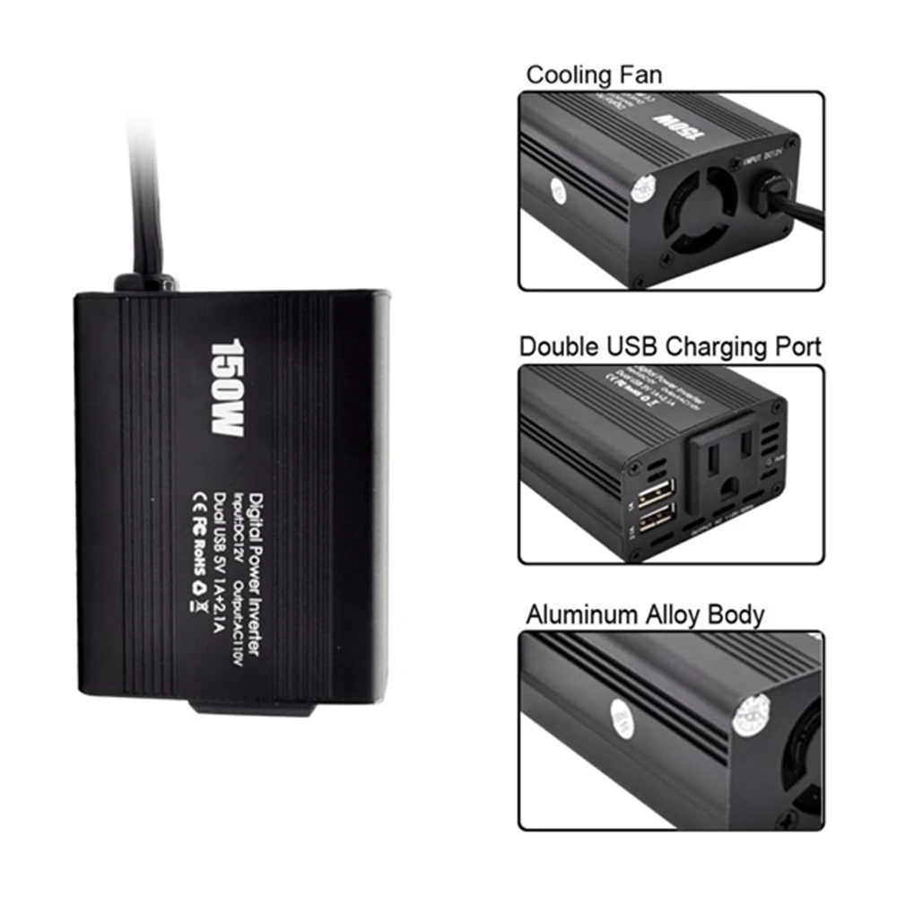 Car Inverter 150W Car - DC 12V To AC 110V Adapter + USB 5V Port For ...