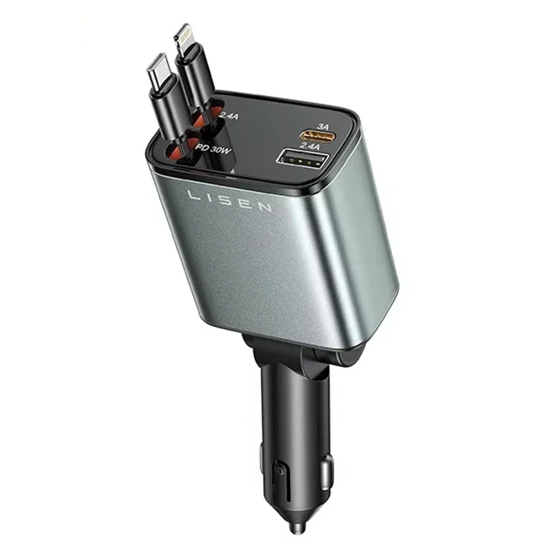 lisen Retractable Car Charger, 4 in 1 Fast Charging Car Charger 120W ...