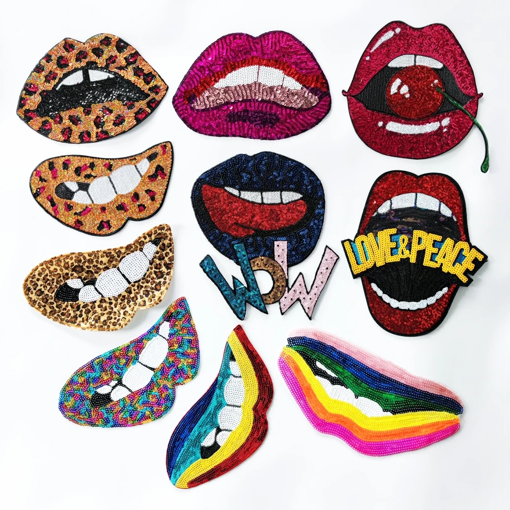 Embroidery Big Sequined Mouth Patch,embroidered Leopard Lips Appliques,cherry Badges,rainbow ...