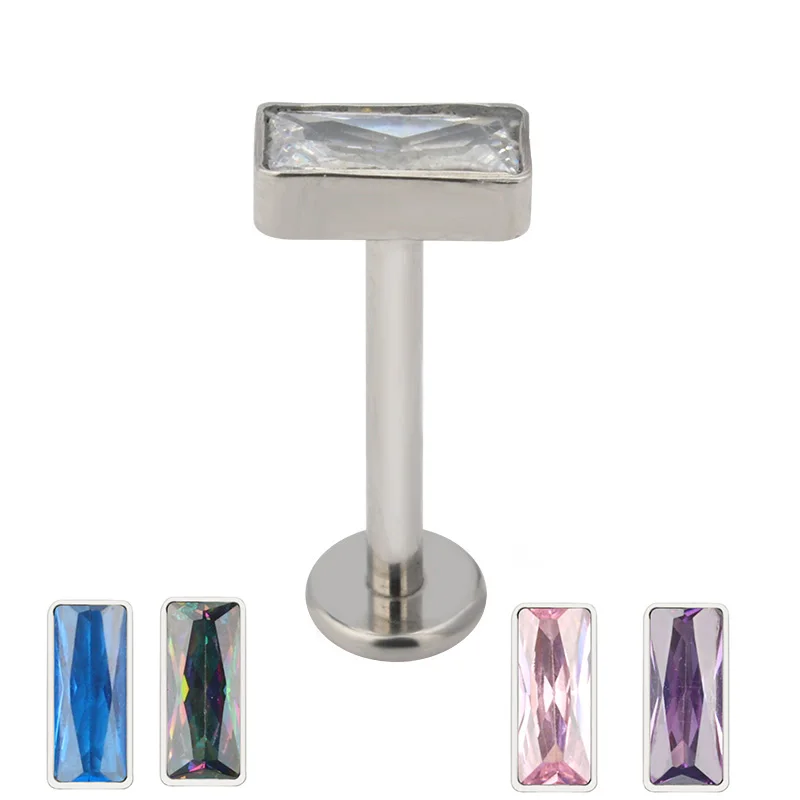 G23 Titanium Rectangle Shape CZ Paved Top Ear Cartilage PIERC Threaded Labret Stud Tragus ...