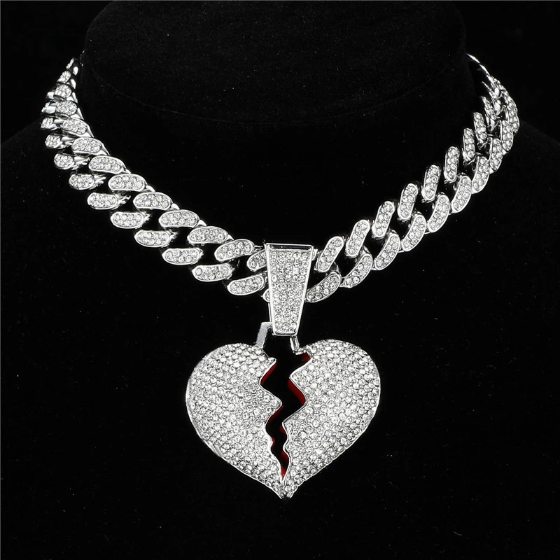 HIP-HOP-Iced-Out-Broken-Heart-Bling-Pendants-With-13mm-Cuban-Link-Chain ...