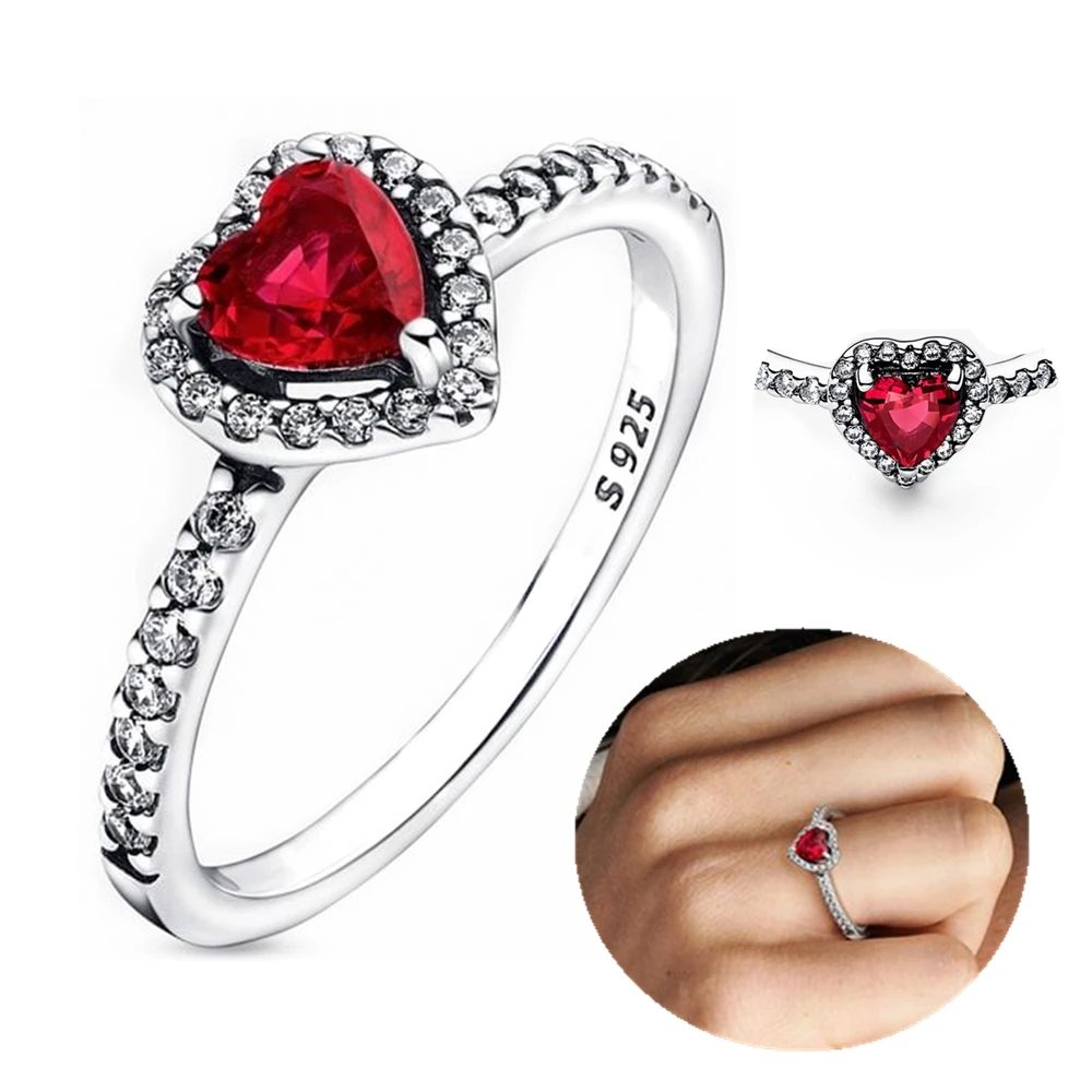 Anillo de corazón rojo de Plata de Ley 925 para mujer, anillo brillante ...