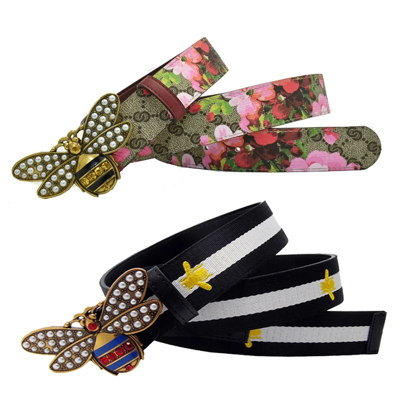 Western Bee Embroidery Contrast Colour Canvas Leather Women Belt ...