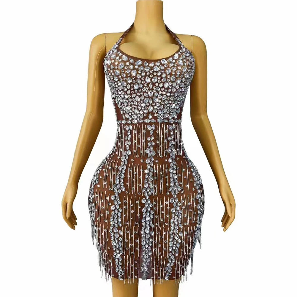Sexy Brown Mesh Shining Rhinestones Crystals Chains Dress Women ...