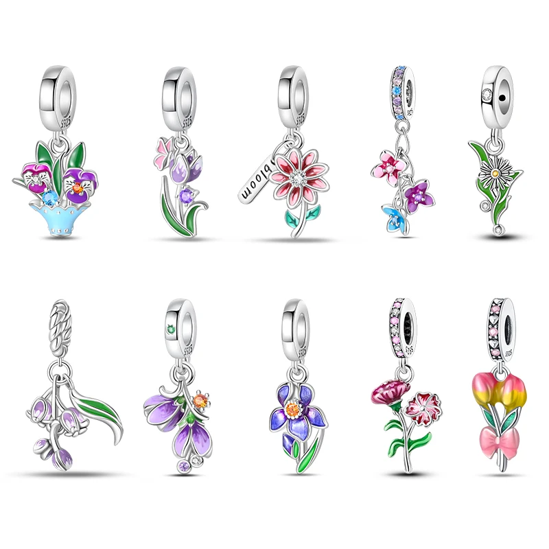 New-925-Sterling-Silver-Spring-Tulip-Pansy-Flower-Charms-Bead-Fit-Pandora-925-Original-Bracelets ...