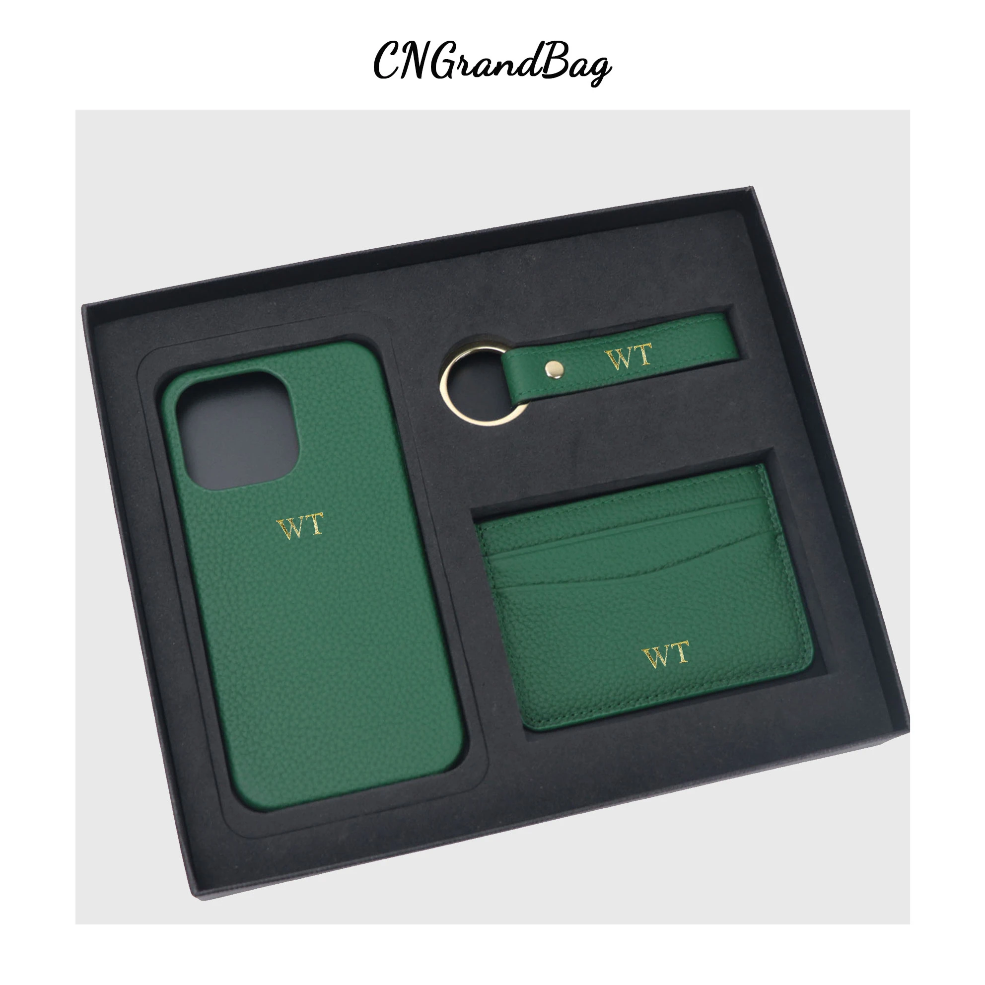 Custom Initials Gift Set Pebble Leather Phone Case For iPhone Keychain ...