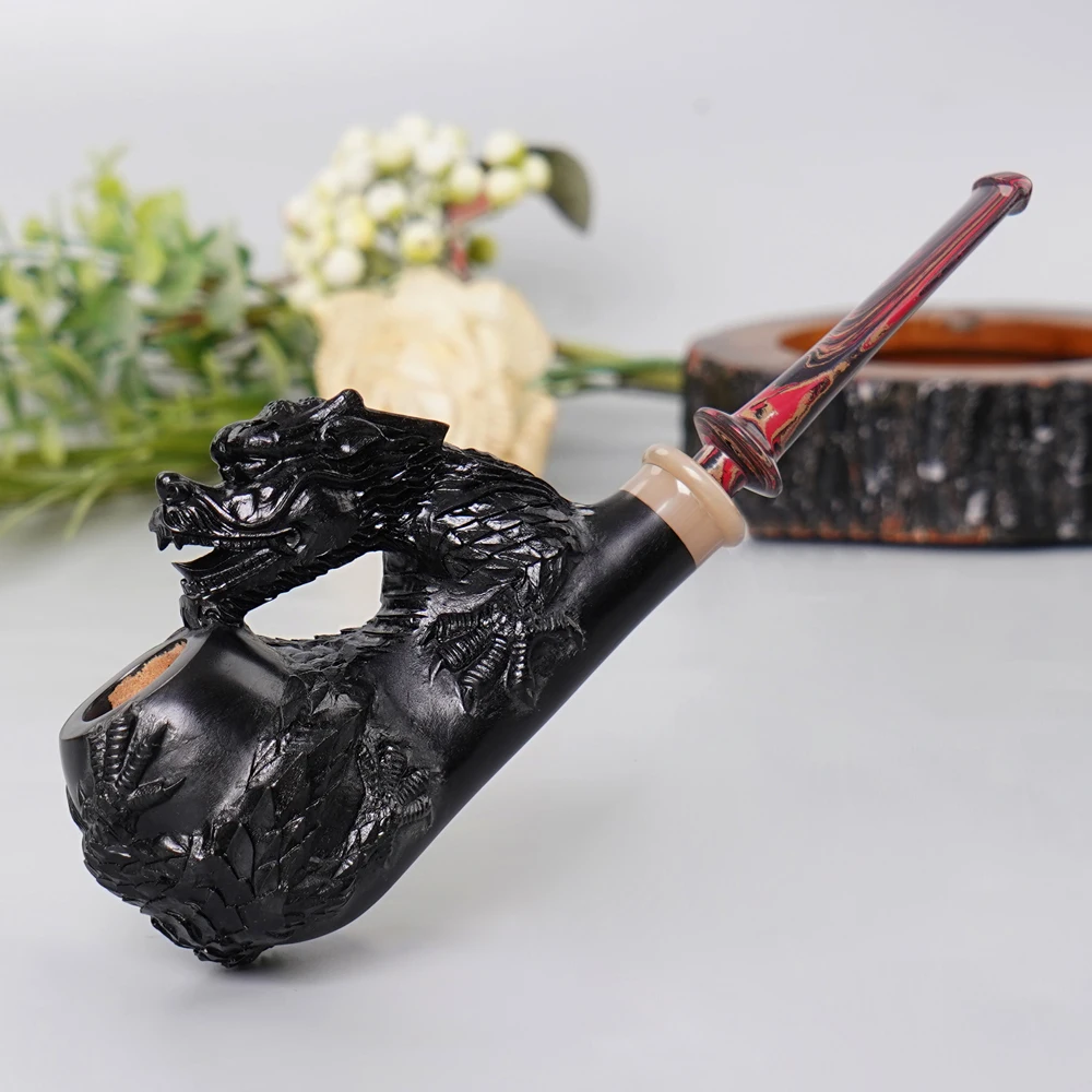 Handcrafted-Solid-Wood-Tobacco-Smoking-Pipe-Dragon-Carved-Briar-Smoker ...