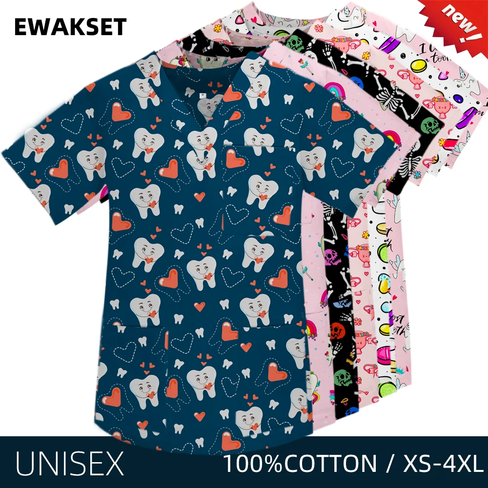 Women-Men-Scrub-Tops-Caps-Teeth-Printed-Short-sleeve-Dentist-Shirt ...