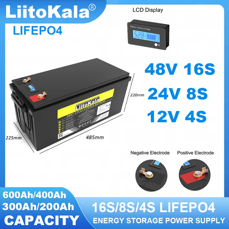 LiitoKala-48V-24v-12v-600ah-200ah-100AH-LiFePO4-Battery-16s-8s-Lithium ...