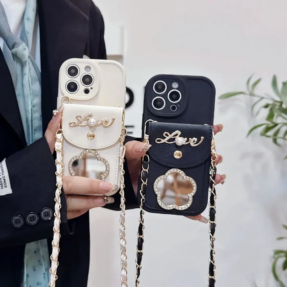 Crossbody Leather Mirror Wallet Card Holder Phone Case for IPhone 16 ...