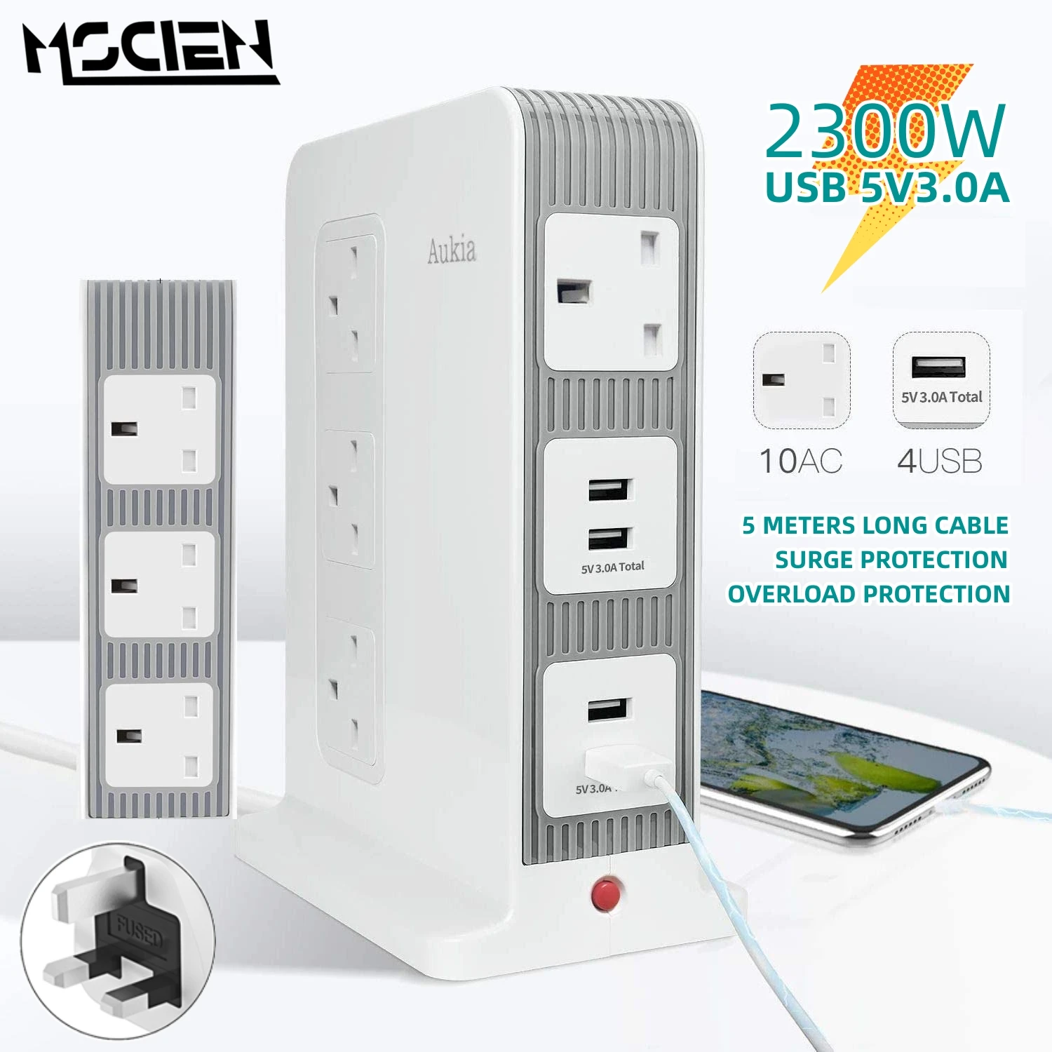 MSCIEN Tower Extension Lead 5M Extension Cord Standing Sockets with 4 ...